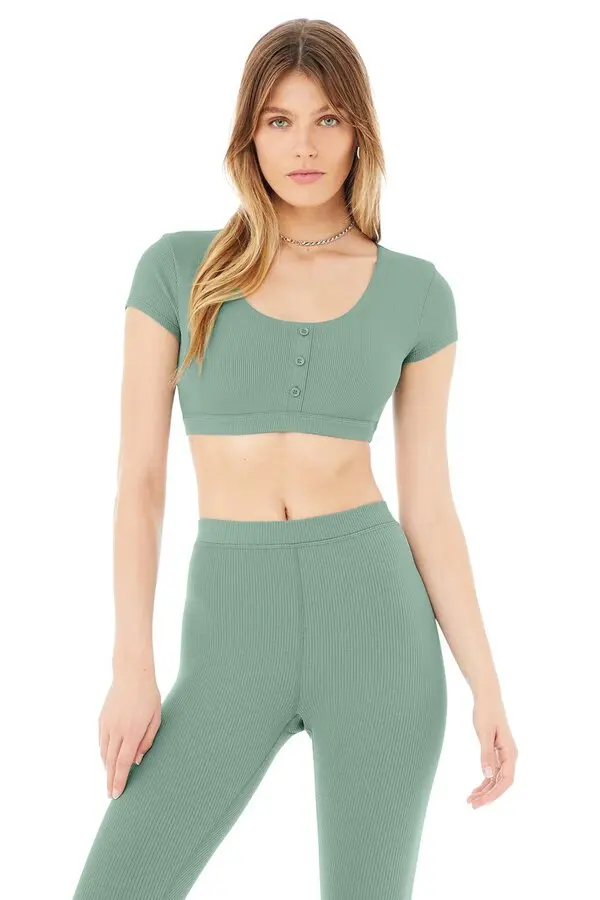 Alo Yoga Blissful Henley Bra Top In Soft Seagrass - 41% Off